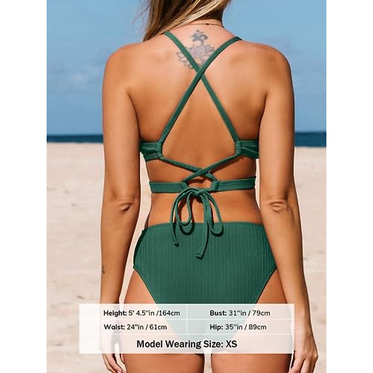 CUPSHE Bikini Set for Women Two Piece Swimsuits Triangle Top Mid Rise Crisscross Back Tie Cutout Spaghetti Straps, M DarkGreen