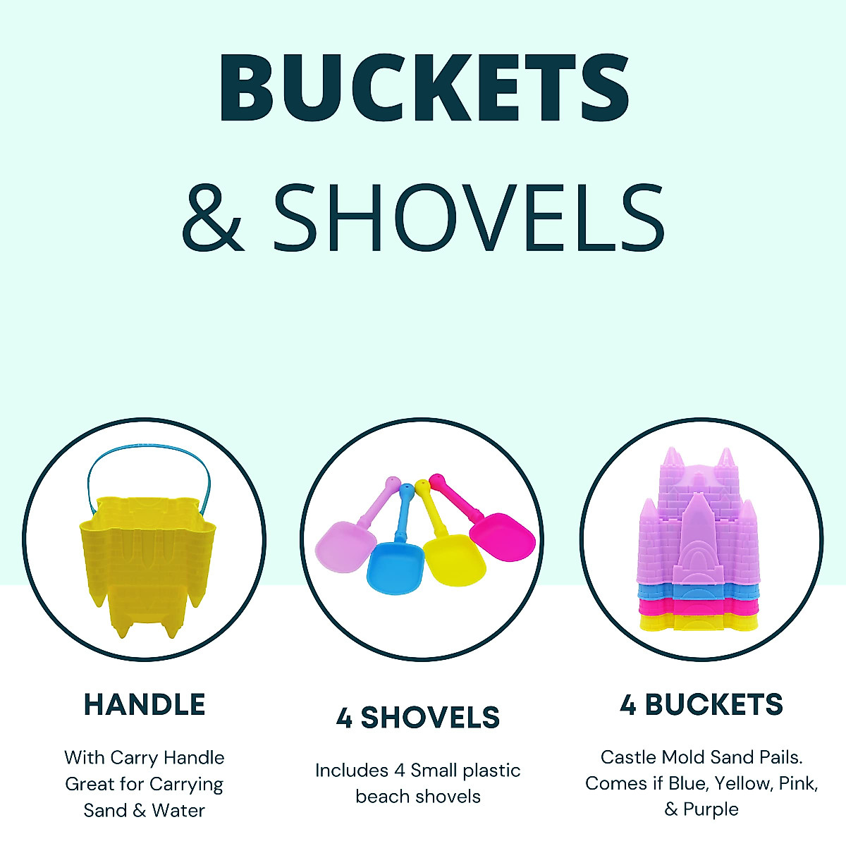 4E's Novelty (4 Sets) Castle Beach Buckets and Shovels, Large Size 7" - Sand Castle Building Kit, Sandcastle Molds Beach Toys for Kids 3-10, Outdoor Sand Toys for Toddlers
