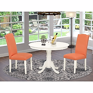 HomeStock Natural Beauty 3Pc Rounded 42 Inch Dining Room Table and 2 Parson Chair with Linen White Leg and Pu Leather Color Pink Flamingo