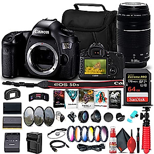 Canon EOS 5DS DSLR Camera (Body Only) (0581C002) + Canon EF 75-300mm f/4-5.6 III Lens (6473A003) + 64GB Memory Card + Color Filter Kit + Filter Kit + LPE6 Battery + External Charger + More (Renewed)