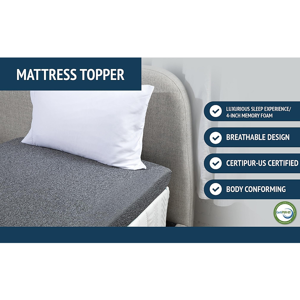 SweeMate 4 Inch Memory Foam Mattress Topper - Body Cooling - Breathable - Removable Cover - CertiPUR-US Certified - Twin/Full/Queen (Twin), Gray