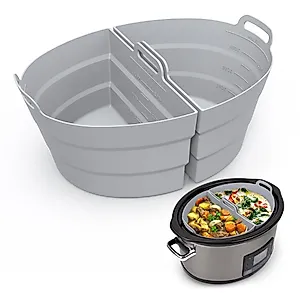 ChefAid Slow Cooker Divider Liners with Handle, 100% Silicone Reusable Slow Cooker Liners Compatible with 6-8 Quart Oval or Round Slow Cooker, Fits 7 Quart Crockpot Liners (Grey, 2 Pack)