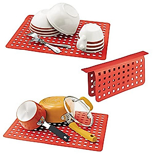 mDesign Decorative Kitchen Plastic Sink Protector Set - Protect Surfaces and Dishes - Quick Draining, Modern Slotted Design - Includes 1 Saddle, 2 Large Mats - Set of 3 - Red
