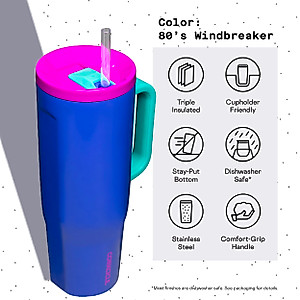 Corkcicle Cruiser Insulated Tumbler with Handle and Straw, 80's Windbreaker, 40 oz – Reusable Water Bottle Keeps Beverages Cold for 20 Hours, Hot for 9 Hours – Cupholder Friendly, Spill Proof Tumbler