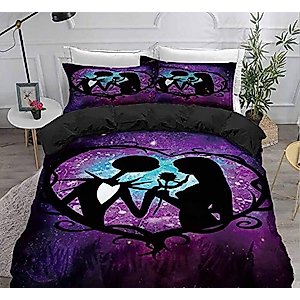 Vankie Nightmare Before Christmas Duvet Cover Sets, Jack and Sally Valentine's Day Rose Decor, 100% Microfiber Galaxy Bedding Set with Pillow Shams 3PCS Bedding, No Comforter Full Size