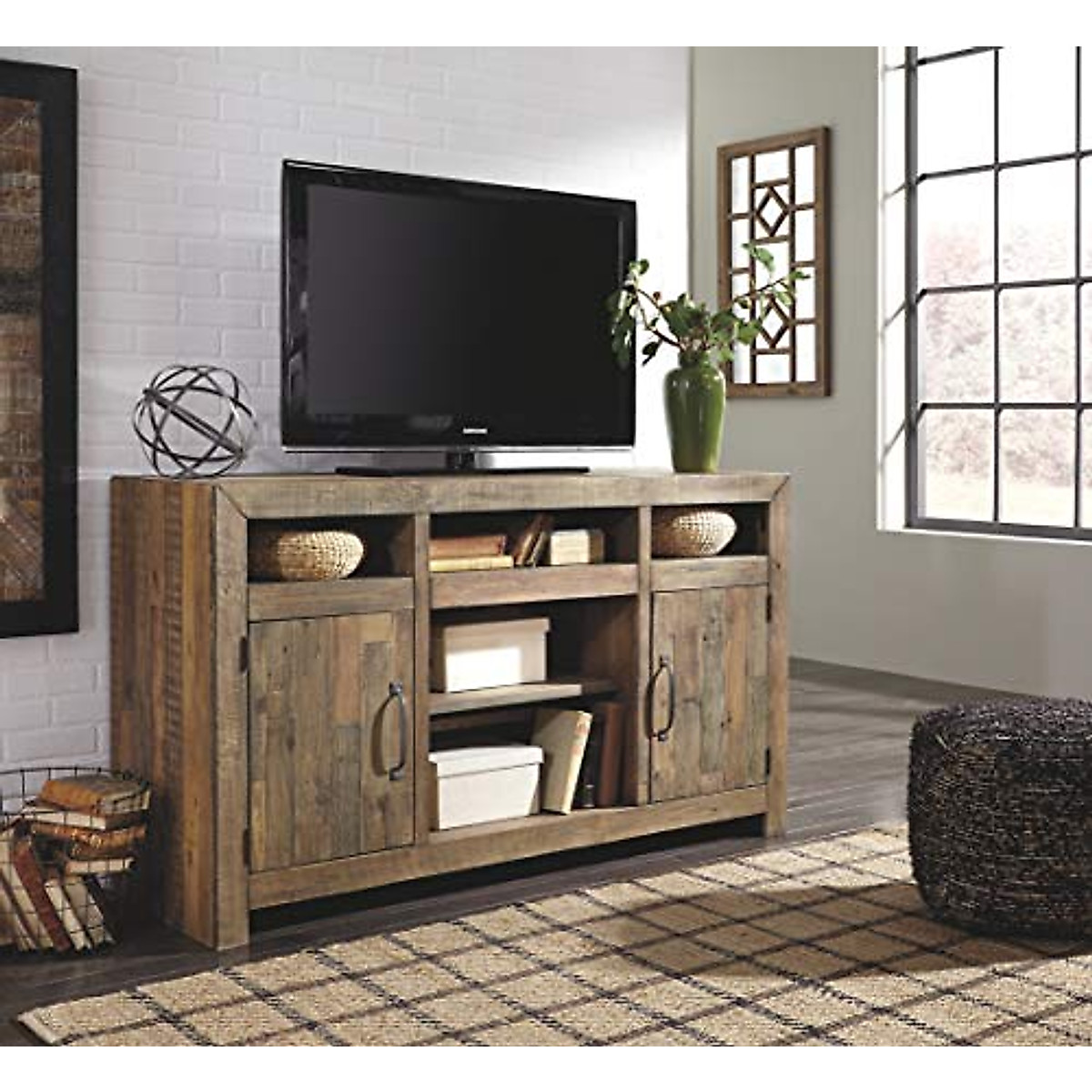 Signature Design by Ashley Sommerford Rustic Solid Pine Wood TV Stand Fits TVs up to 60", 2 Cabinets, 3 Storage Cubbies, 2 Adjustable Shelves, Brown