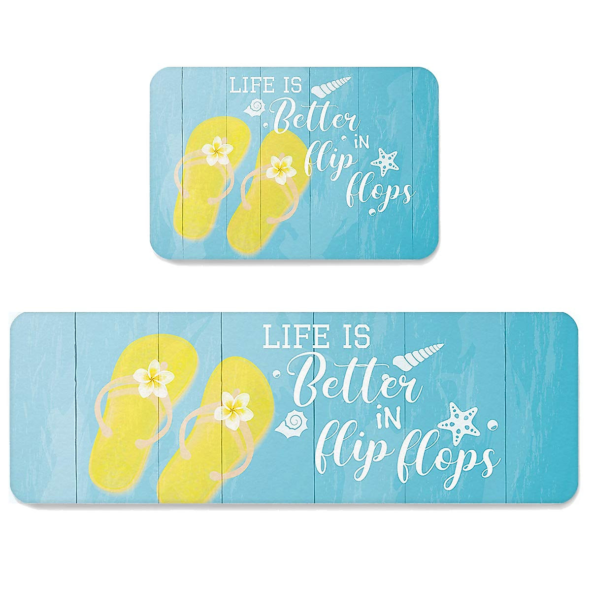 2 Pieces Kitchen Rug Set Non-Slip Backing Mat Throw Rugs Doormats Yellow Flower Flip Flops on Blue Wood Absorbent Area Runner Carpet for Bathroom Beach Theme