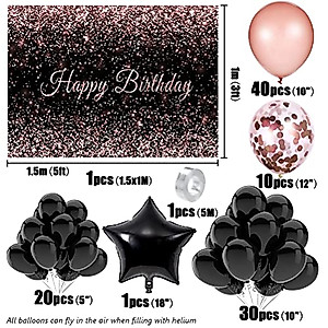 Toylin Rose Gold Black Birthday Decorations, 100 pcs Black Rose Gold Birthday Balloons Photography Backdrop Banner for Boys Girls Men Women Birthday Party Decorations Supplies