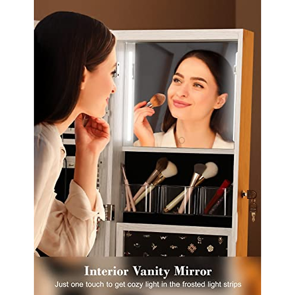 Nicetree 360° Swivel Jewelry Cabinet with Lights, Touch Screen Vanity Mirror, Rotatable Full Length Mirror with Jewelry Storage, Standing Jewelry Armoire Organizer, Foldable Makeup Shelf, White