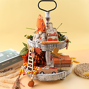13 Pieces Fall Tiered Tray Decor Set Thanksgiving Pumpkin Tray Decor Faux Decorative Books Gnome Maple Leaves Truck Wooden Signs Rustic Farmhouse Fall Tabletop Decor for Autumn Thanksgiving