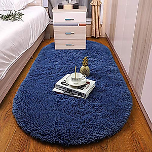 YOH Fluffy Shag Fur Area Rugs for Bedroom Girls Rooms Kids Rooms Nursery Decor Mats Non-Slip Plush Furry Fur Rugs Indoor Home Accent Floor Carpet, Oval 2.6'x5.3', Indigo