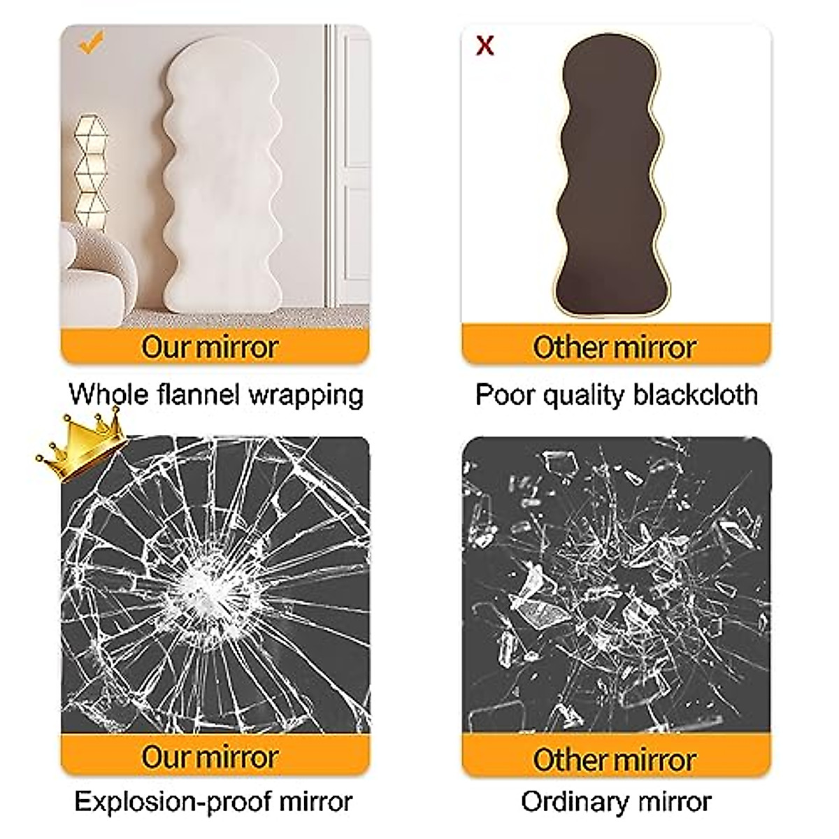 LOVDECORT Irregular Wavy Full Length Mirror, 63" x 24" Shatter-Resistant Selfie Leaner Mirror, Standing Floor Mirror for Hanging & Leaning Against Wall with Velvet Wrapped Wooden Frame(White)