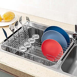 SANNO Dish Drying Rack with Stainless Steel Utensil Holder Expandable Dish Rack Drainer Sink Dish Rack, Deep Large Dish Drainer Dish Rack in Sink On Counter