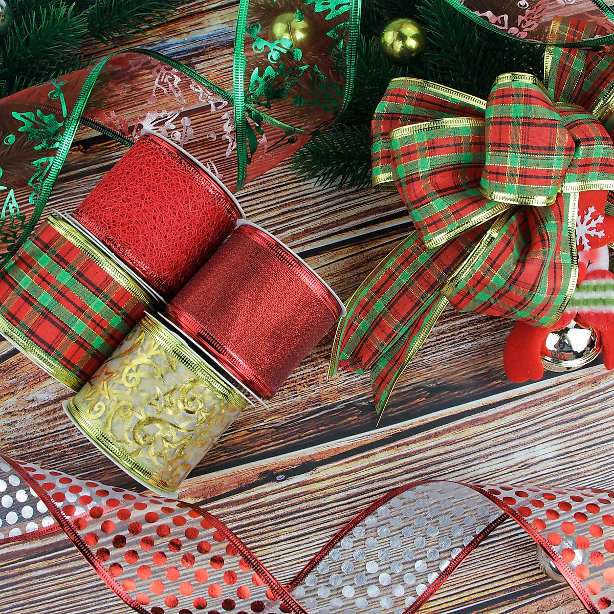 VATIN Christmas Ribbon,Wired Holiday Party Ribbons Assorted Plaid Dot Holly Patterns Decorations, Swirl Sheer Glitter Ribbon 36 Yards (2.5" Width x 6Yard Each Roll) - Classical