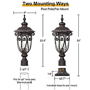 GOALPLUS Dusk to Dawn Outdoor Post Light Fixture 24" High Bronze Post Lantern with Pier Mount, Exterior Pole Lighting with Seeded Glass for Yard, Garden, Patio and Pathway, 2 Pack, LMMS0519-M-2P