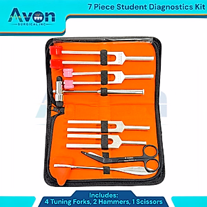 Tuning Forks C-128, C-256, C-512, C-1024 + Taylor and Buck Hammer + 5.5" Bandage Cutting Scissors + Storage Pouch Case - Student Diagnostics Bundle of 7 Items
