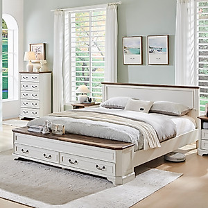 T4TREAM Farmhouse King Bed with Headboard and Storage Bench, Rustic Wood Platform Bed with 80" Storage Chest w/ 4 Large Storage Drawer, Antique White