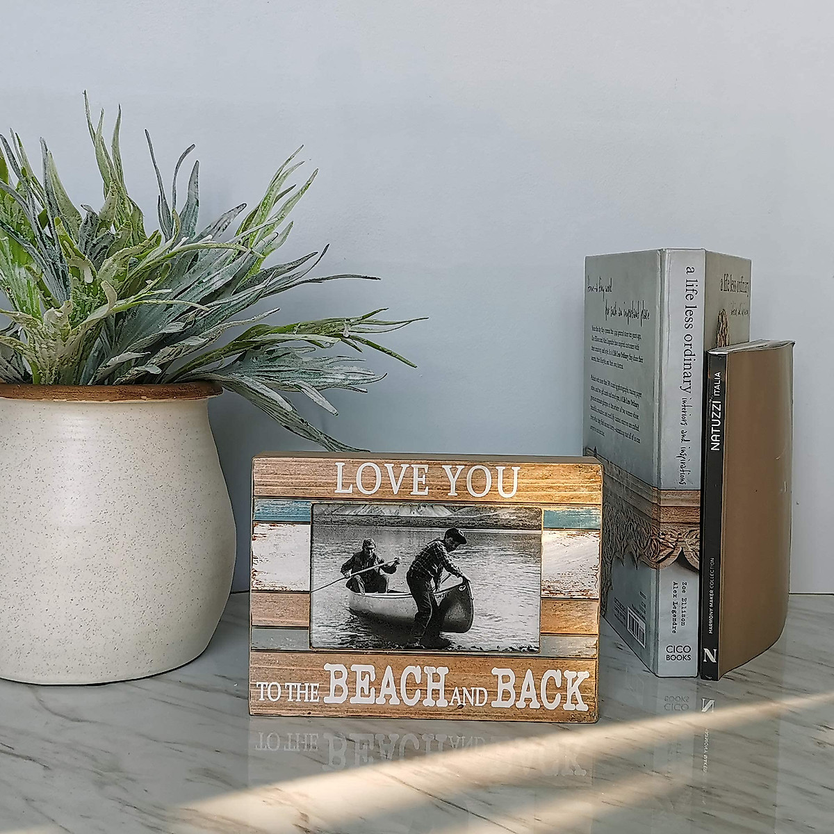 NIKKY HOME 4" x 6" Beach Photo Picture Frame Wooden Box Sign with Glass Cover for Tabletop and Wall Mounting