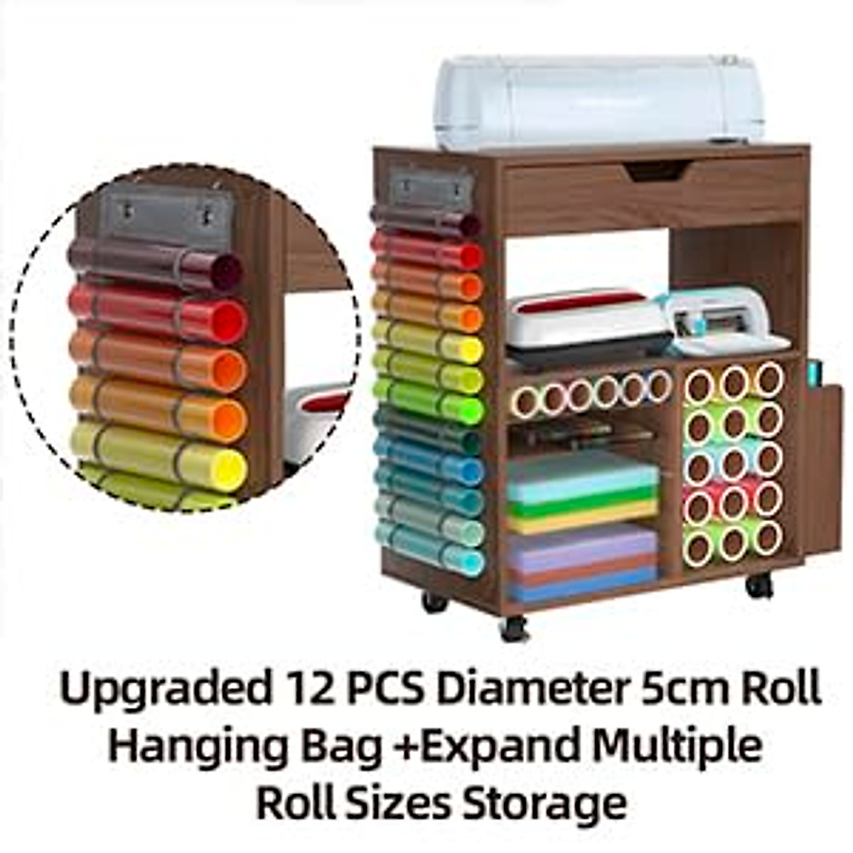 Storage Cart Organizer Compatible with Cricut Machines,Rolling Craft Cart with Extra 12 Vinyl Roll Holders,Crafting Organizer Desk Cabinet Workstation for Craft Room Home