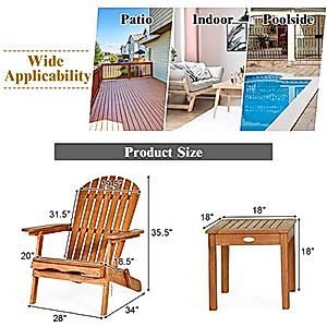ReunionG 3Pcs Adirondack Chair and Table Set, Outdoor Wooden Lounger Chairs Set w/Widened Armrest, Eucalyptus Frame, Natural Finish, Foldable Chatting Furniture Set for Indoor, Patio and Garden