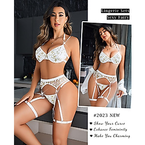Avidlove Women's Exotic Lingerie Sets Sexy Bra and Panty Sets Plus Size Lingerie Floral (White, XXL)