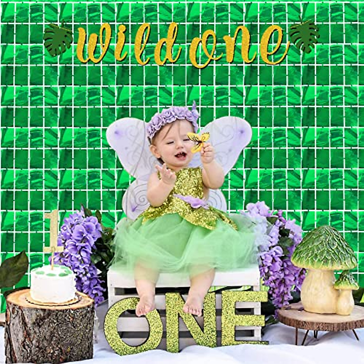 2 Packs 3.3x6.6 Feet Foil Fringe Curtains, UNIIDECO Metallic Green Birthday Square Sequin Tinsel Photobooth Photo Backdrop, Baby Shower Engagement Graduation Homecoming Party Decorations Streamers