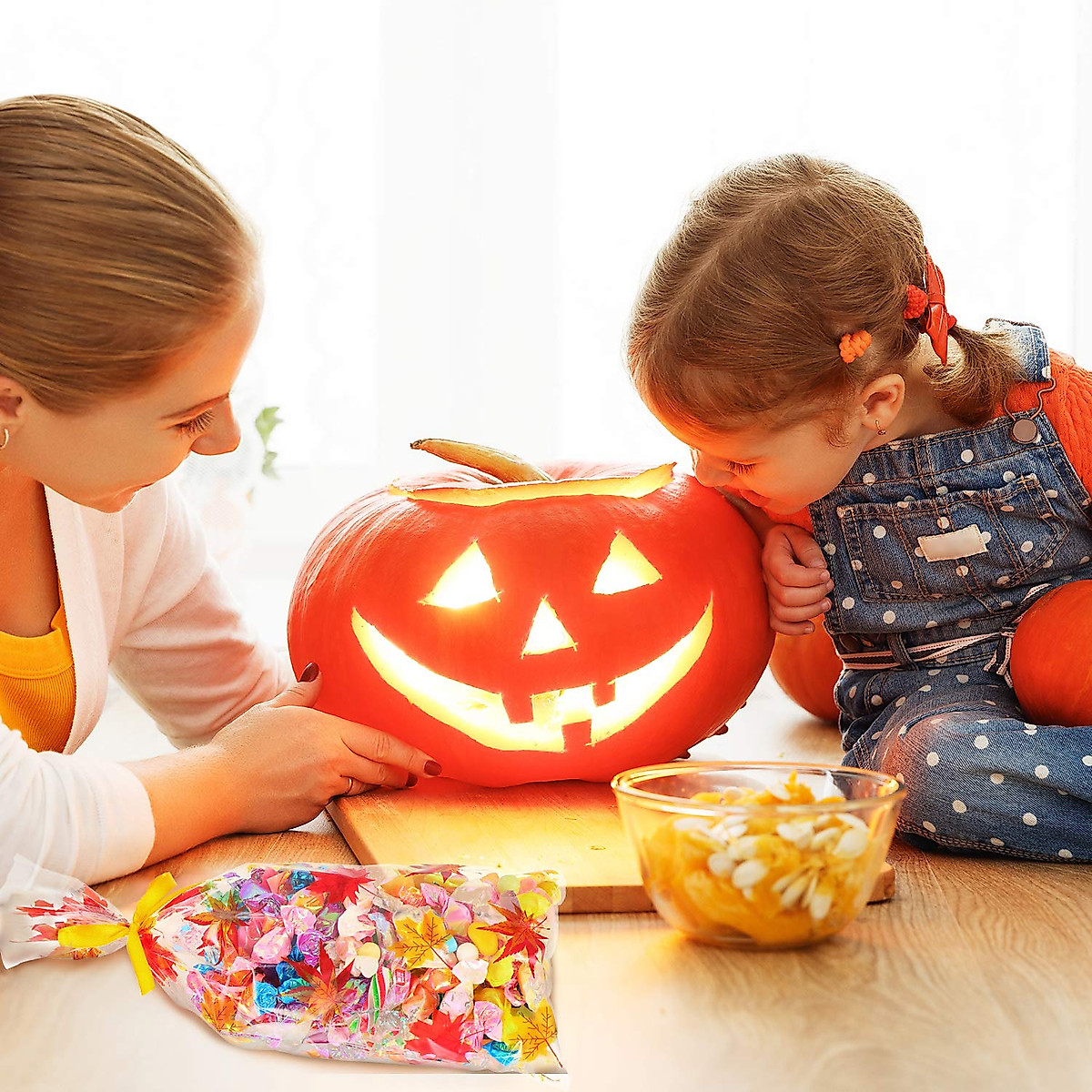 100 Pieces Fall Cellophane Bags Thanksgiving Halloween Party Favor Maple Leaf Cello Autumn Treat Bags with A Roll of Orange Ribbon for Chocolate Candy Cookies and Snacks