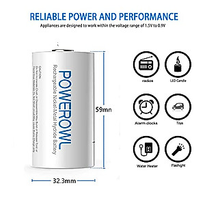 POWEROWL Rechargeable D Batteries with 4 Bay Battery Charger, USB Quick Charging, for AA AAA C D Ni-MH Ni-CD Rechargeable Batteries -4 Count