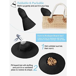 Womens Sun Hat UV Protection Wide Brim Beach Hat Floppy Foldable Roll-Up Straw Hats for Women UPF 50 Black