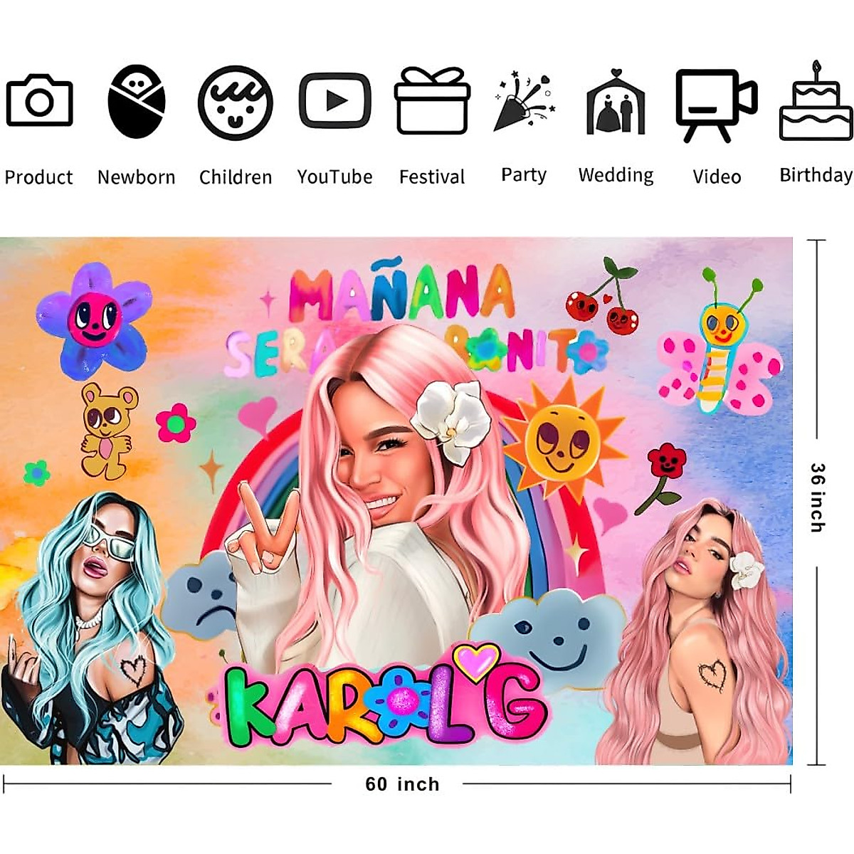 Karol G Background Birthday Decorations, Karol G Happy Birthday Banner Backdrop for Manana Sera Bonito Birthday Party Supplies (5x3ft)