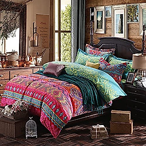 Gafance 3 PCS Indian Style Duvet Cover Queen Set, Exotic Checkered Boho Bedding Set, Soft Comforter Cover with Zipper Closure, Paisley Floral Duvet Cover 90 X 90 inches & 2 Pillow Shams