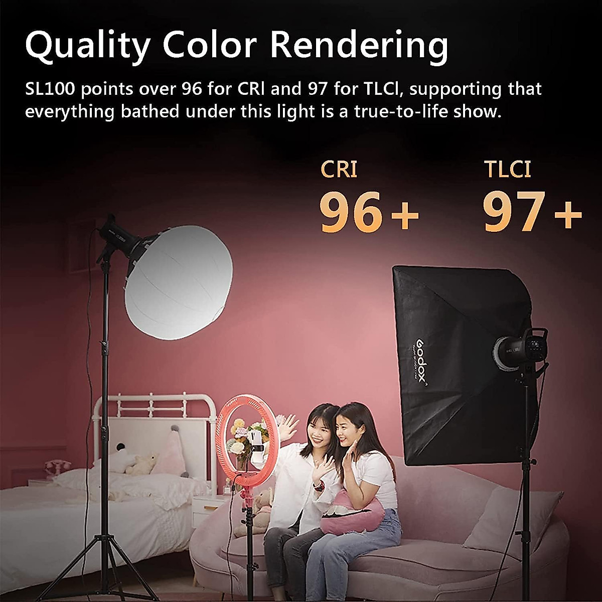 Godox SL100Bi 100W Bi-Color LED Video Light, 32100Lux@1M 2800K-6500K CRI96+ TLCI97+ Bowens Mount LED Continuous Lighting for Photography, 11 FX Effects Studio LED with RC-A6 Remote