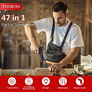 JENABOM 47 in 1 Electric Screwdriver Set, 3.6V Cordless & Rechargeable, 3.5N·m Max Torque, USB Power Rechargeable Screwdriver with 44pcs Driver Bits, Ideal for Small Projects