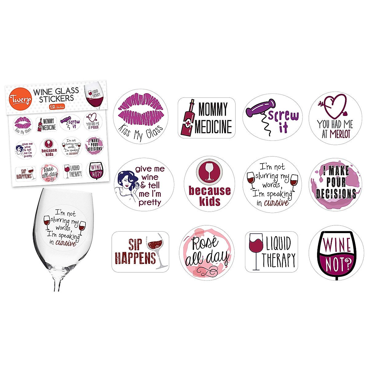 Twerp Funny Wine Glass Markers | Stickers for Stemless Wine Glasses | Set of 12 Static Cling, REUSABLE Stickers | Funny Wine Party Supplies | Great Alternative to Wine Charms