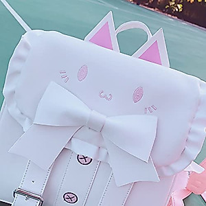 Aiyinuo Lolita Casual Backpack Kawaii Cartoon Cat Embroidery Travel Mochila Big Bowknot Sweet Daypack Schoolbag Campus Bookbag College Bag (White)