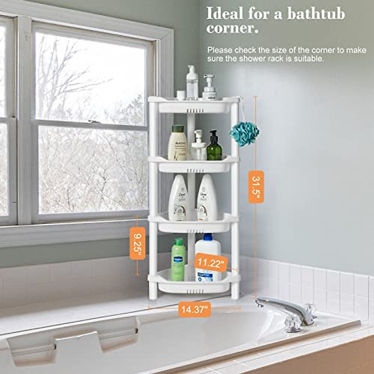 ELYKEN 4 Tier Shower Caddy Organizer Shelf Corner, 14.4 x 11.2 x 31.5 Inches, Rustproof, Plastic Shower Rack Stands for Inside Bathroom, Bathtub, Shower pan, White