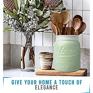 Comfify Wide Mouth Mason Jar Utensil Holder Decorative Kitchenware Organizer Crock, Chip Resistant Ceramic, Dishwasher Safe - Kitchen Caddy Green, Large Size 7" High