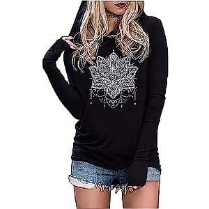 LYEIAO Mandala Graphic Fashion Hoodie Shirts for Women Lotus Flower Long Sleeve Hoodie Gothic Novelty Graphic Pullover Tops(Black,XL)