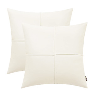 BRAWARM Faux Leather Throw Pillow Covers 20 X 20 Inches, Cream Leather Pillow Covers Pack of 2, Hand Stitched Leather Decorative Throw Pillows for Couch Sofa Bed Living Room Home Garden