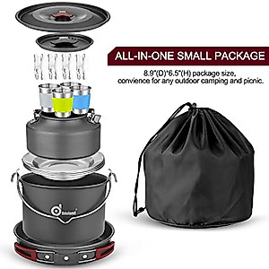 Odoland 22pcs Camping Cookware Mess Kit, Large Size Hanging Pot Pan Kettle with Base Cook Set for 4, Cups Dishes Forks Spoons Kit for Outdoor Camping Hiking Picnic