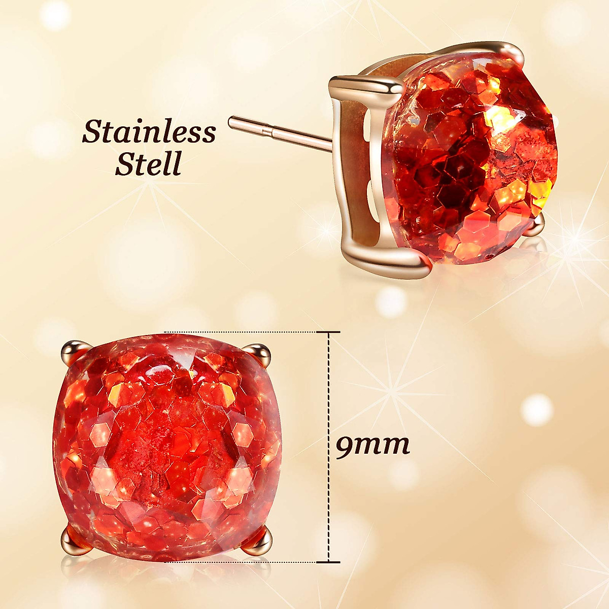 14 Pairs Valentine's Day Faux Druzy Earrings Faceted Square Glitter Stud Pierced Earrings Stainless Steel Bohemian Druzy Stud Earrings Set for Women Present