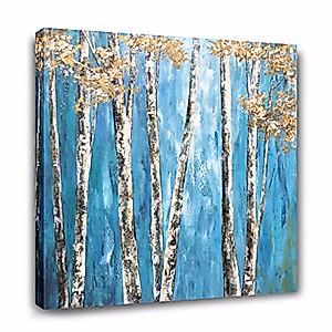 Yihui Arts Tree Canvas Wall Art for Home Decor 3D Hand Painted Blue Forest Pictures for Living Room Bedroom Stretched and Framed Ready to Hang(20Wx20L)