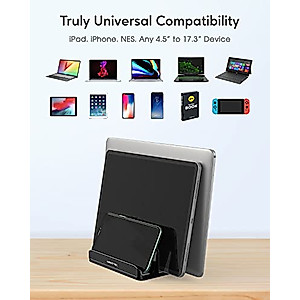 AboveTEK Vertical Laptop Stand 3 Slots for Computer, Tablet, Phone - Fits All Laptop Models (up to 17.3") - Heavy Duty Polished Aluminum Desktop Holder - Anti Slide Silicone Grips - Black