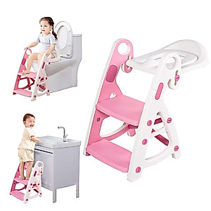 Potty Training Seat & Toddler Step Stool, Ultimate Stability Toddler Toilet Seat, Adjustable Step & Seat Height Potty Seats for Toddlers Girls(Pink)