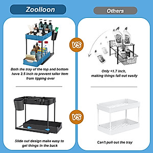 2 Tier Under Sink Organizers and Storage, 2 Pack Taller Sturdy Under Cabinet Organizer with Sliding Out Drawers Basket, Hooks, Cups, Bathroom Under Sink Cabinet Organizer Kitchen Organizer and Storage