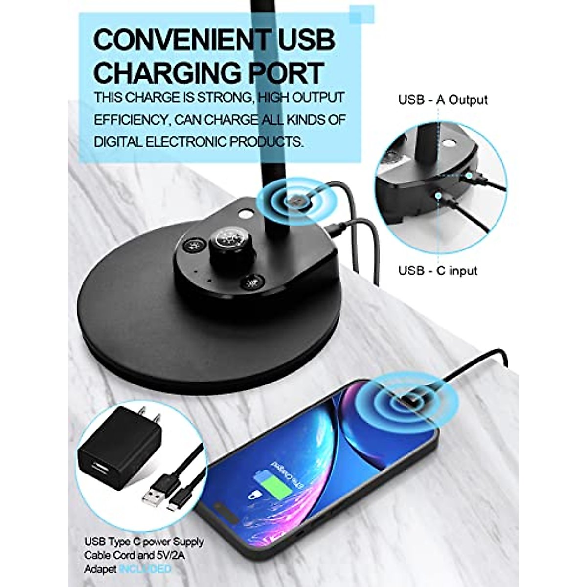 BOHON LED Desk Lamp with USB Charging Port 3 Color Modes Dimmable Reading Light Intelligent Induction Auto Dimming Task Lamp Flexible Gooseneck Table Lamp for Bedside Office, AC Adapter Include