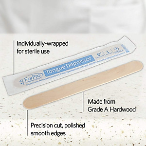 ForPro Professional Collection Senior Tongue Depressors, Large Wax Applicator Sticks, 6" Sized, Sterile, Individually Wrapped, 100 Count, Pack of 6