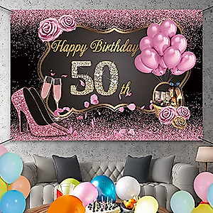 AWERT Polyester 6x3.6ft Happy 50th Birthday Banner Pink Gold Sign Poster for Women 50th Birthday Party Decorations Banner Balloons High Heels Champagne Rose Diamonds 50th Birthday Party Supplies