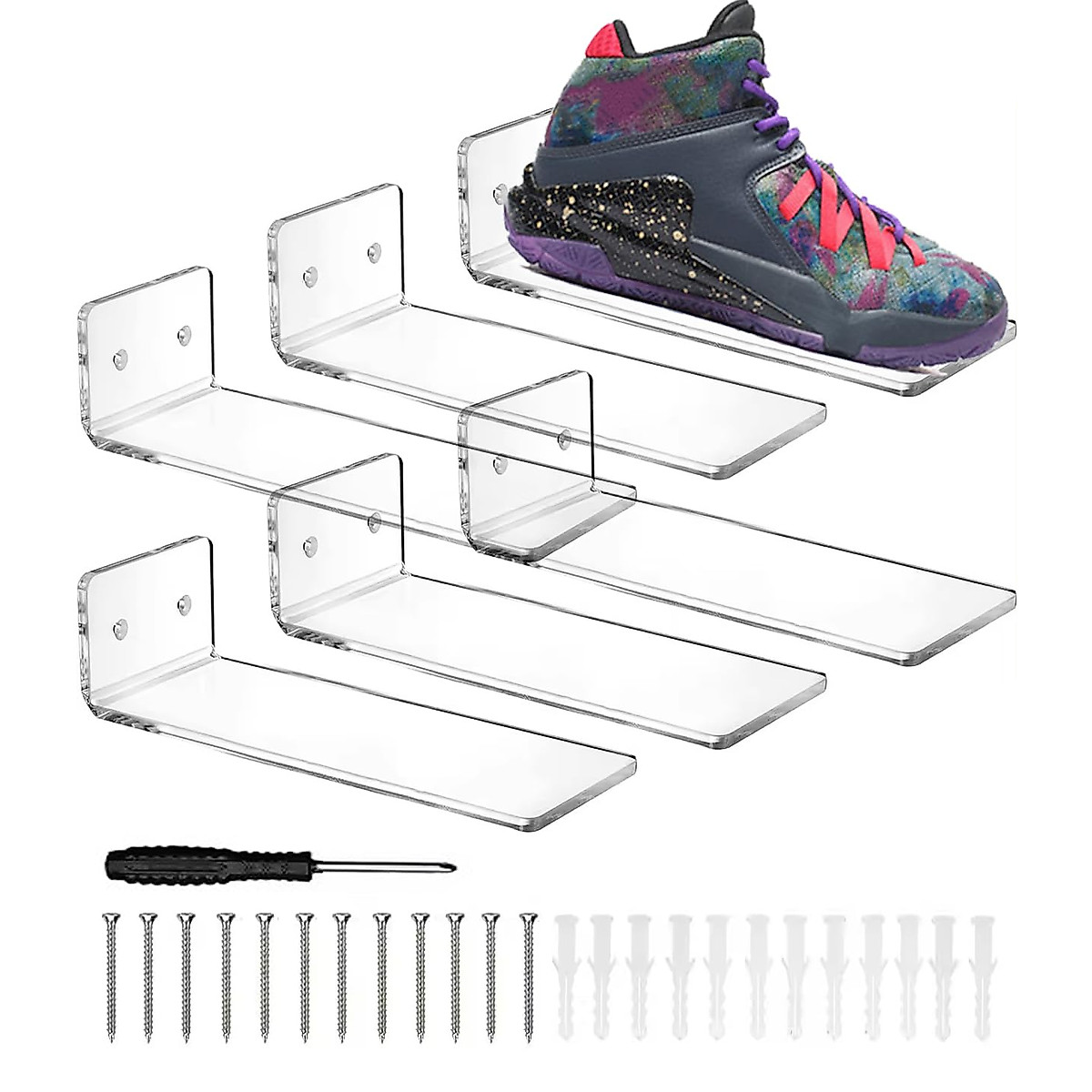 UVAPEK Floating Shoe Display Shelf, 6 Pack Acrylic Levitating Shoe Shelves for Wall Mount, Floating Shelves for Bedroom Playroom Showcase Sneaker Collection or Shoes Box, Easy to Install, Square-6