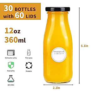 CUCUMI 30pcs 12oz Glass Milk Bottle with Lid, Small Reusable Vintage Glass Milk Jars Drinking Juice Bottles with 60 Lids and Waterproof Labels